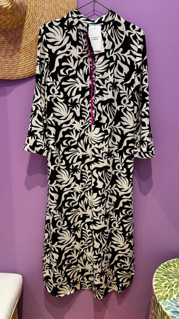 Meg Dress - Black & White Matisse with Pink Detailing