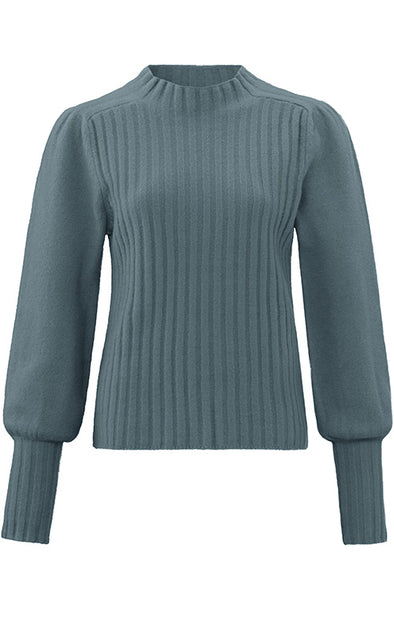 YAYA - Knit - Rib Knit with Puffed Sleeve - Stormy Weather Blue
